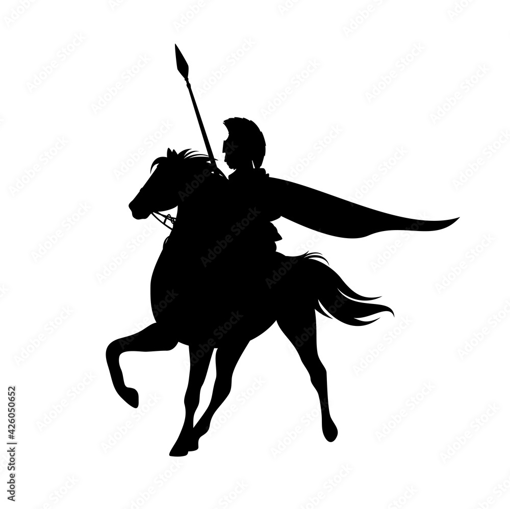 spartan warrior with spear riding horse - brave ancient hero black and ...