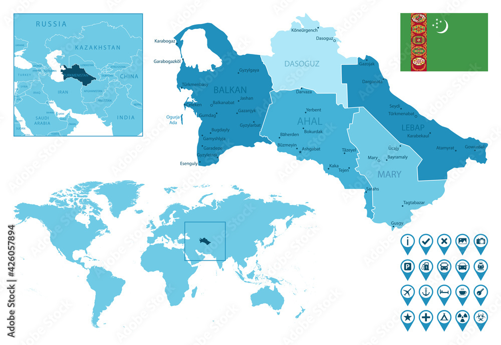 Turkmenistan detailed administrative blue map with country flag and ...