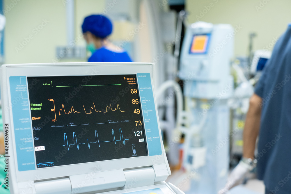EKG monitor in intra aortic balloon pump machine. Medical equipment ...