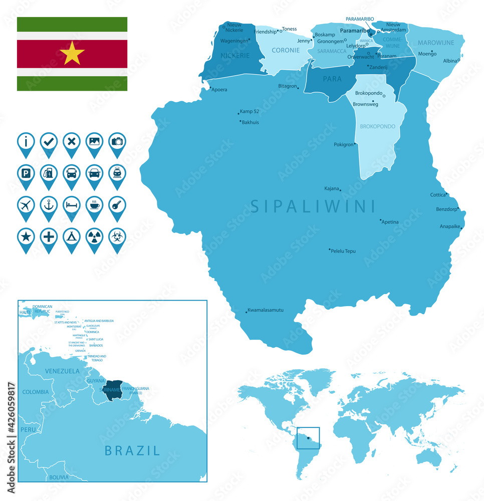 Suriname detailed administrative blue map with country flag and ...