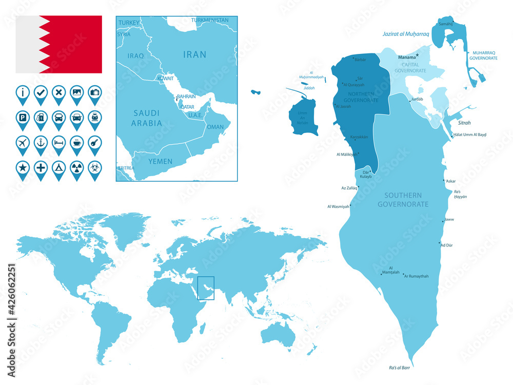 Bahrain detailed administrative blue map with country flag and location ...