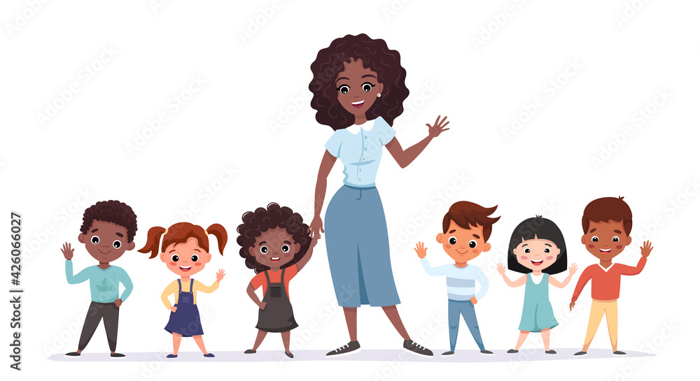 Cute Afro American teacher standing with pupils kids smiling and waving ...