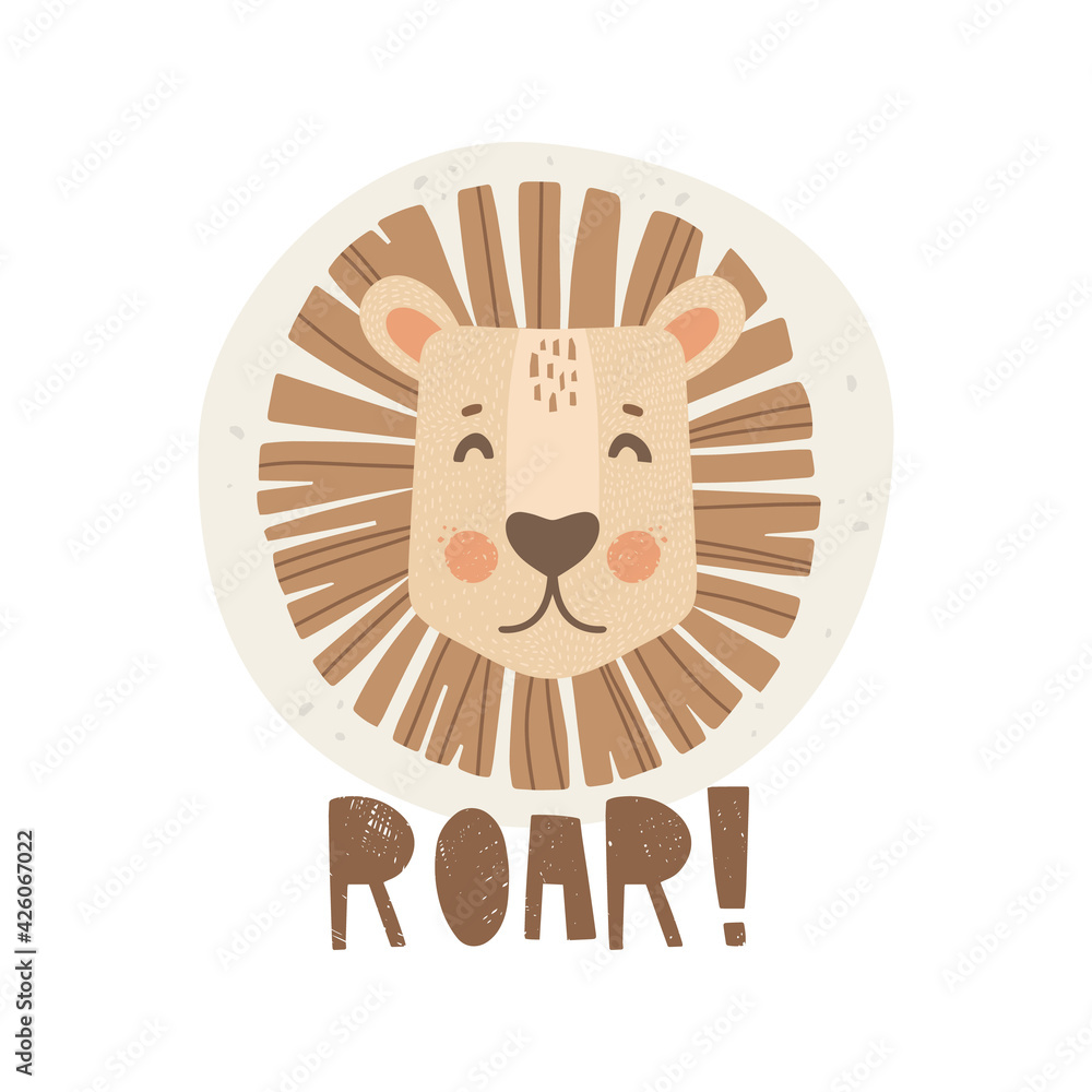 Hand-drawn lion portrait. Handwritten lettering "roar". Abstract ...