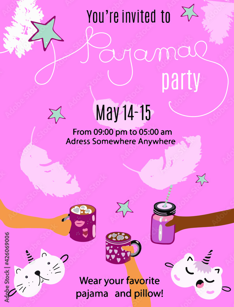 Pajama Party invitation card template, lettering, pink, delicious ...