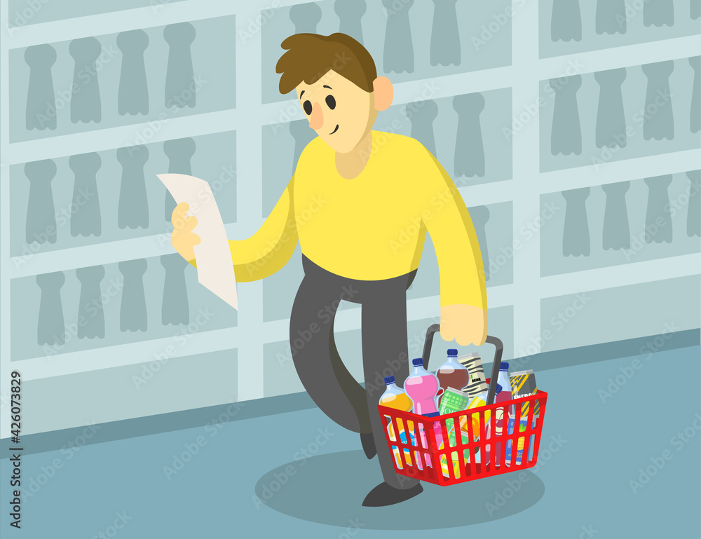 Cartoon man doing grocery shopping with list in supermarket. Flat ...
