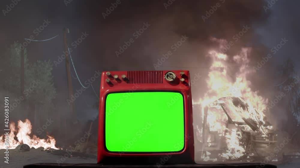 Street Riot and Old TV Green Screen. Fire Flames Rising from a Burning ...