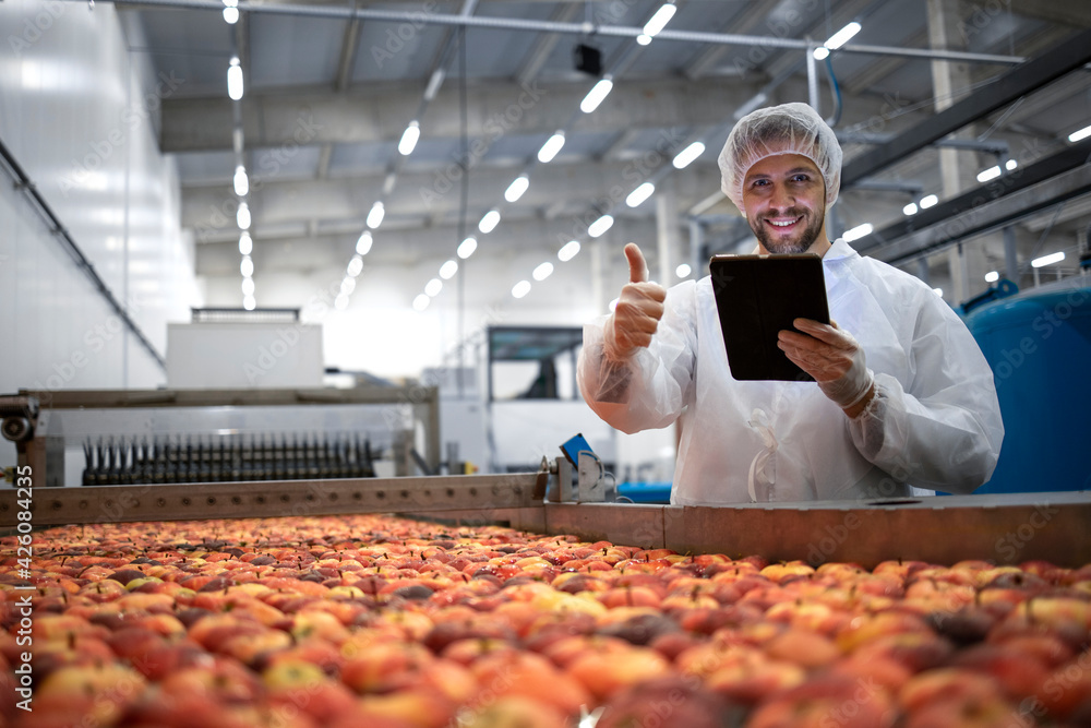 Technologist showing thumbs up in food processing factory and checking ...