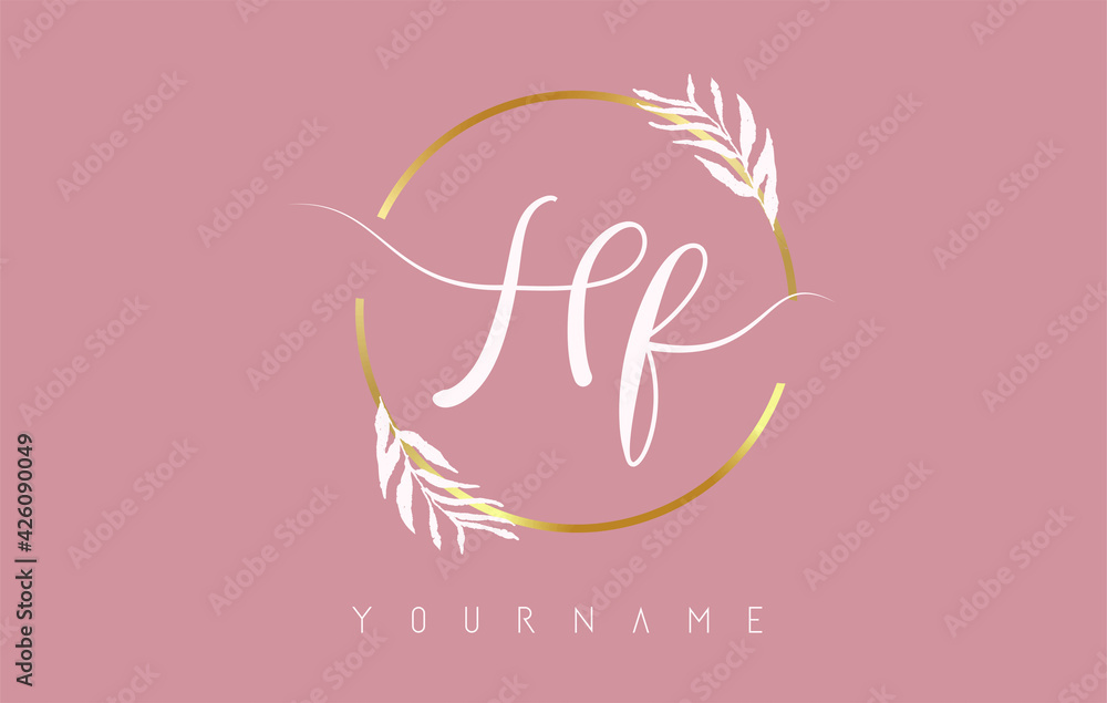 Hf h F Letters logo design with golden circle and white leaves on ...