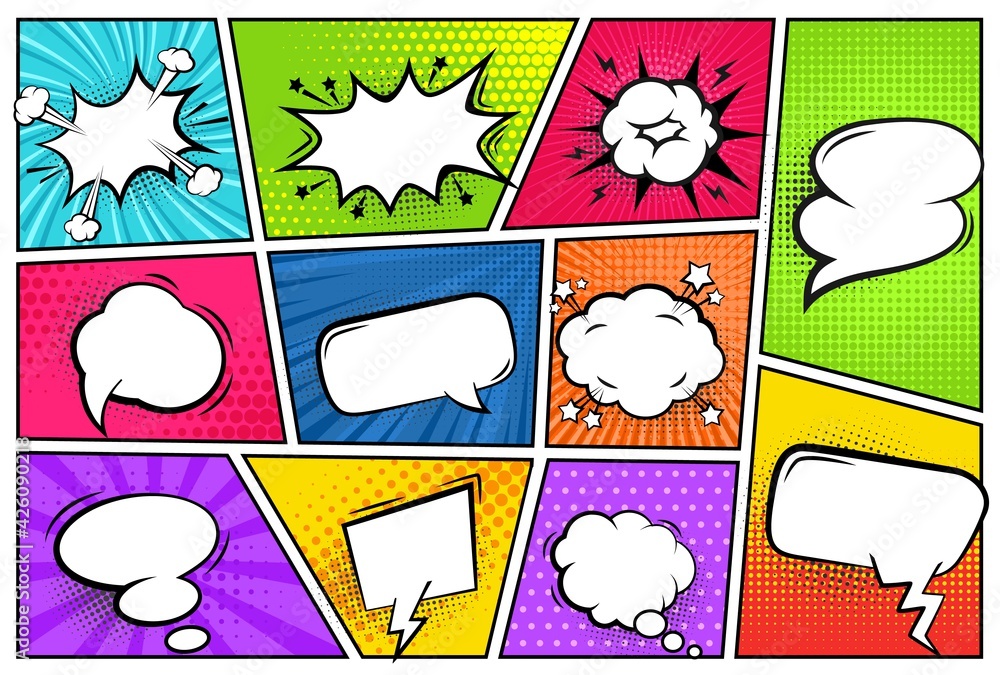 Comic frames with speech bubbles. Talk balloons with pop art backdrop ...