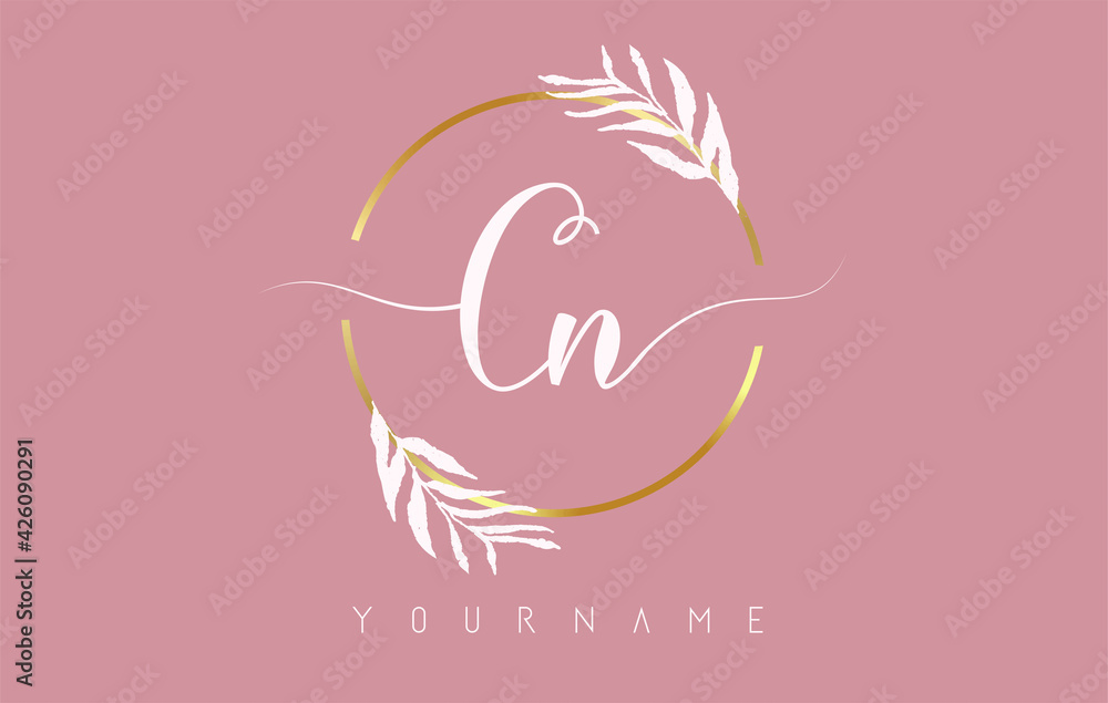 Cn c n Letters logo design with golden circle and white leaves on ...