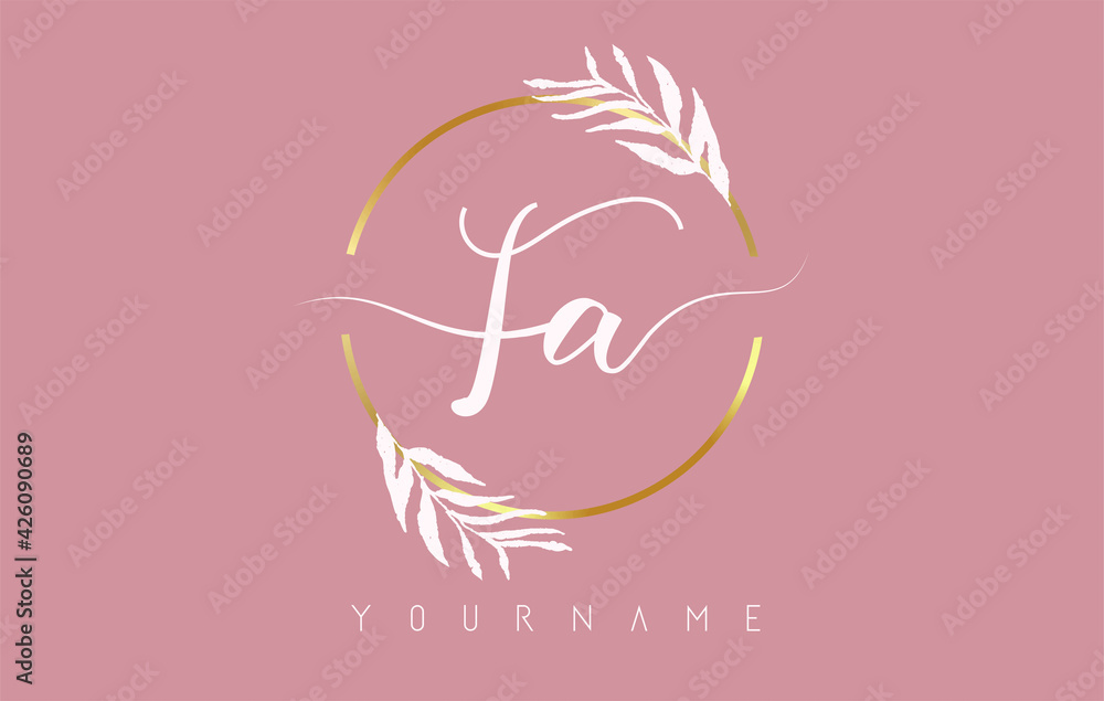 FA f a Letters logo design with golden circle and white leaves on ...
