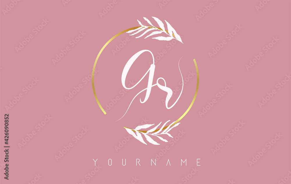 GR g r Letters logo design with golden circle and white leaves on ...