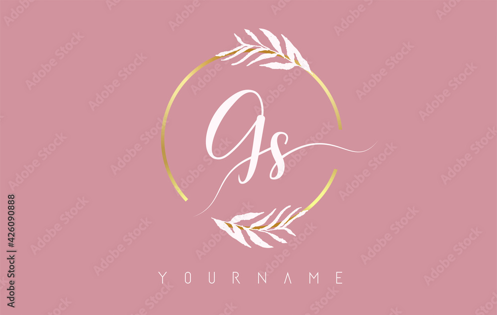 GS g s Letters logo design with golden circle and white leaves on ...