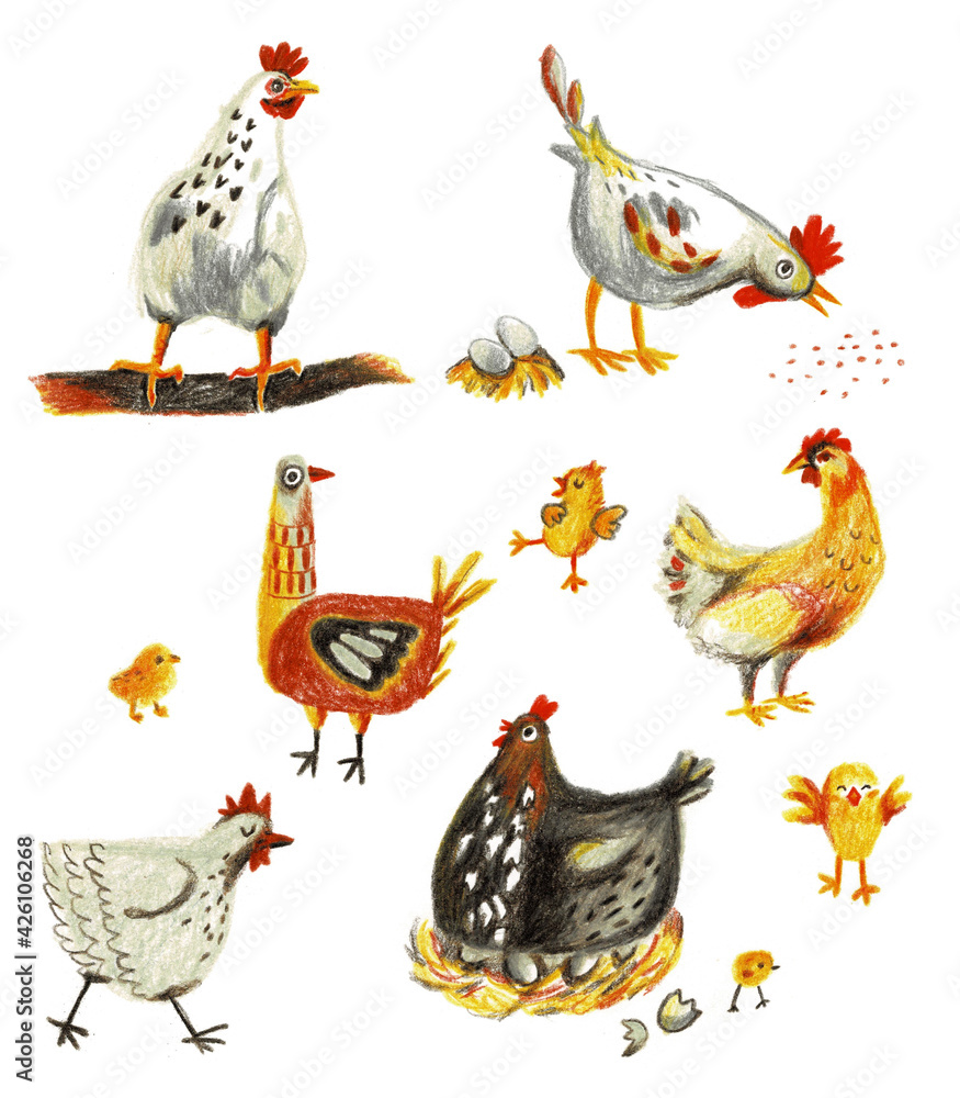 Happy hen cartoon character in different poses isolated on white ...
