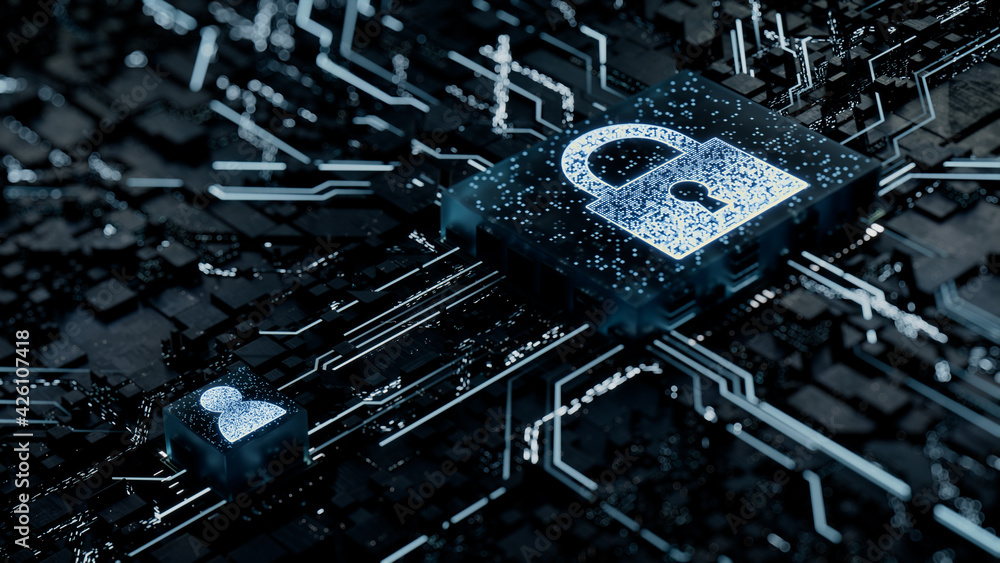 Security Technology Concept with lock symbol on a Microchip. White Neon ...