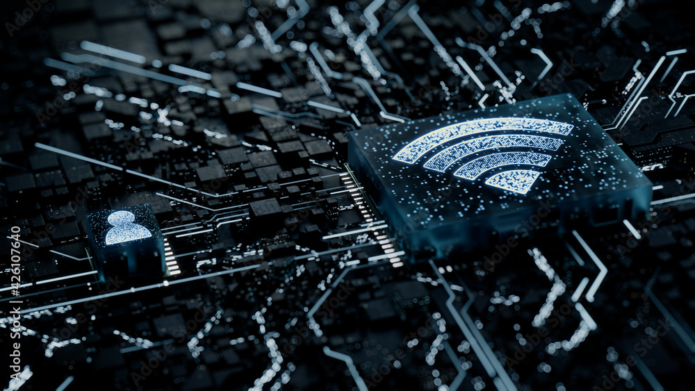 Wireless Technology Concept with wifi symbol on a Microchip. White Neon ...