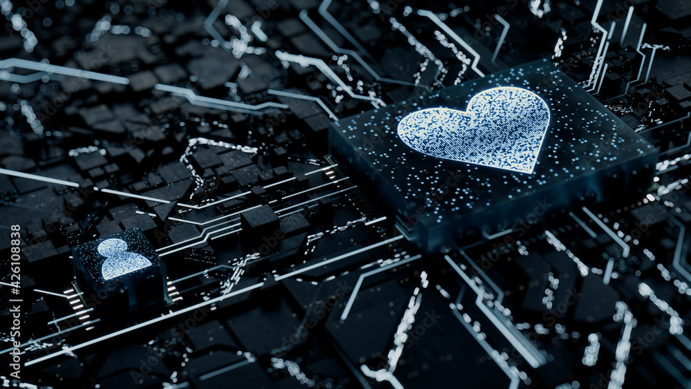 Love Technology Concept with heart symbol on a Microchip. White Neon ...