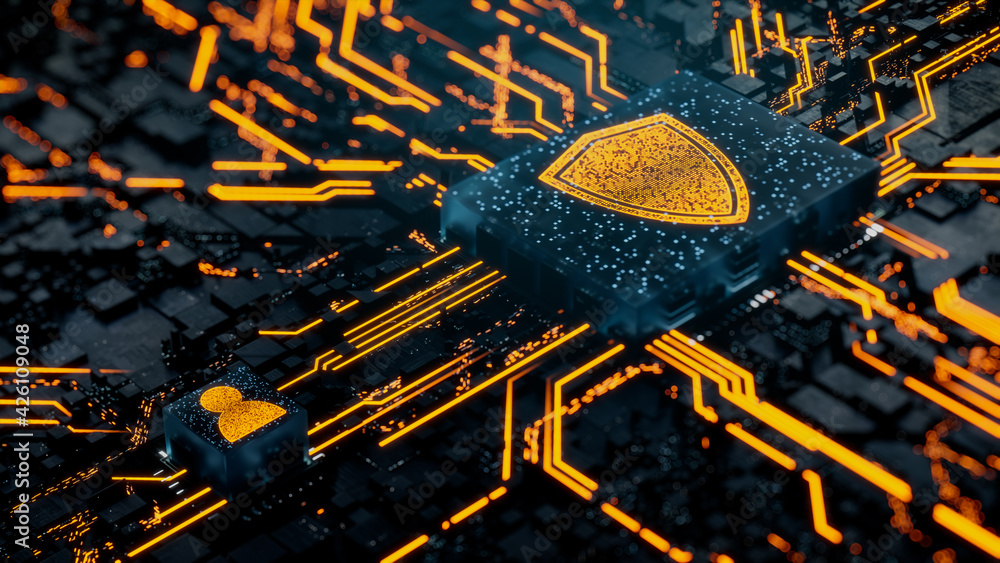 Security Technology Concept with shield symbol on a Microchip. Orange Neon Data flows between ...