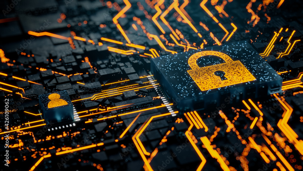 Security Technology Concept with lock symbol on a Microchip. Orange ...