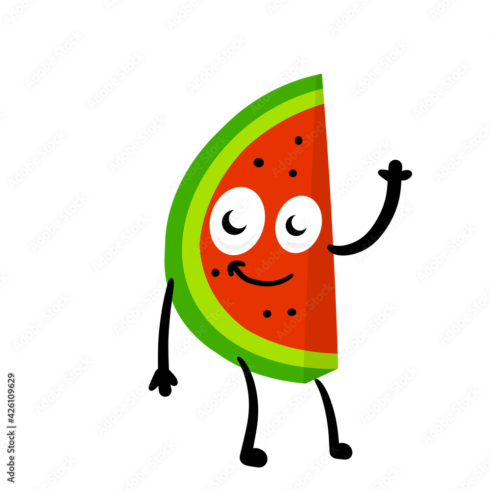 Watermelon. Funny character. The summer food. Mascot in hands and feet ...