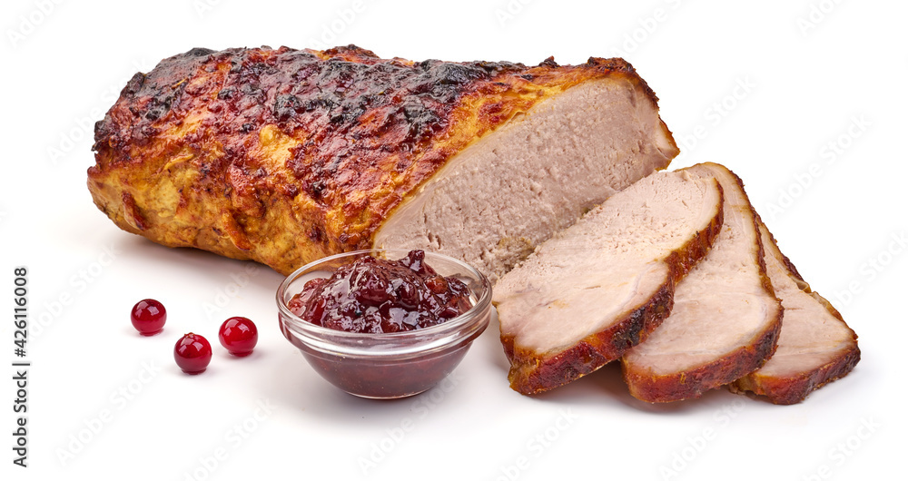 Baked pork roast, spicy glazed meat, isolated on white background. High ...