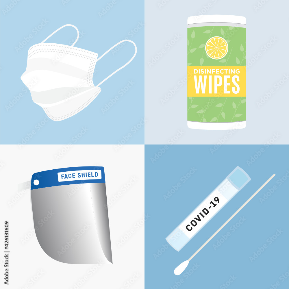 Covid-19 Illustration Set, Face Mask Vector, Face Guard, Disinfecting ...