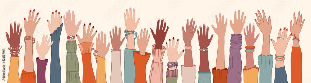 Group raised human arms and hands.Diversity multiethnic people.Racial ...