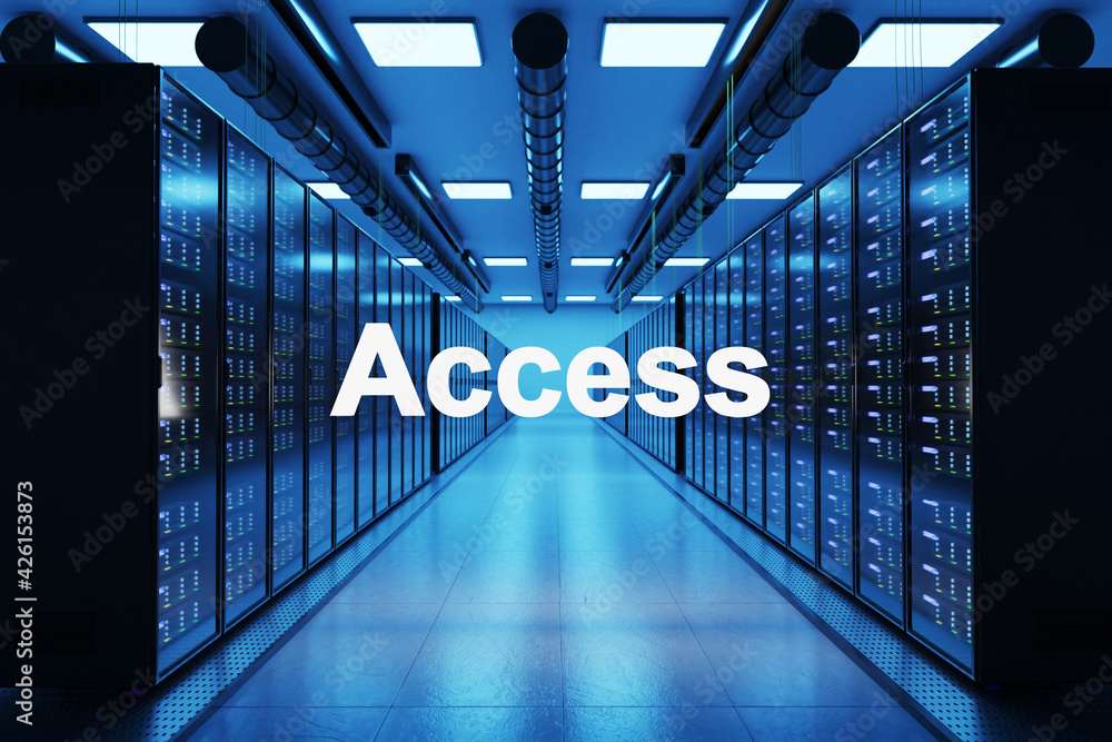 access logo in large modern data center with multiple rows of network ...