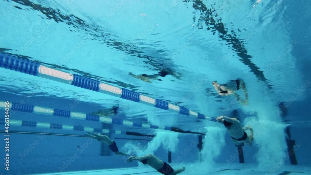 Underwater view of three swimmers jumping into a swimming pool ...