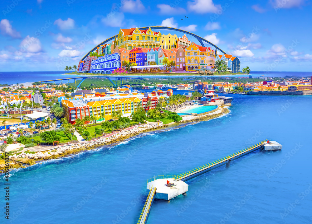 Collage with aerial panorama of Willemstad town in Curacao - The island ...