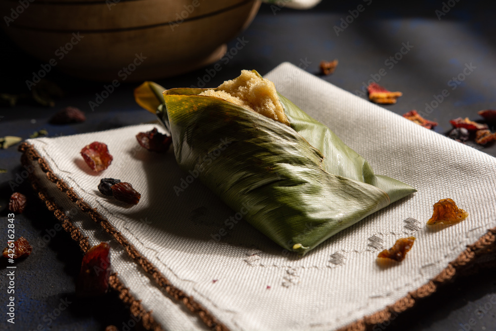 Quimbolito, a typical dish of Ecuadorian cuisine, is a steamed cake ...