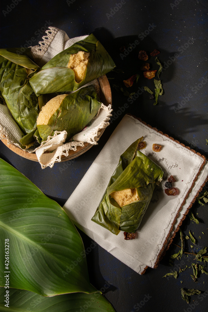 top view Quimbolito, a typical dish of Ecuadorian cuisine, is a steamed ...