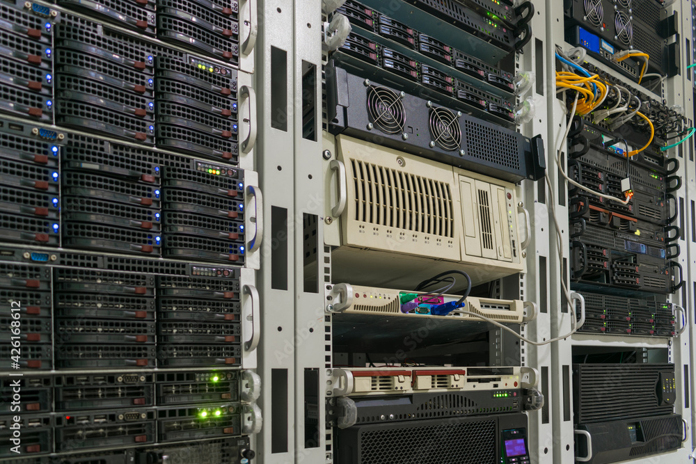 There are racks with powerful computer equipment in the server room ...