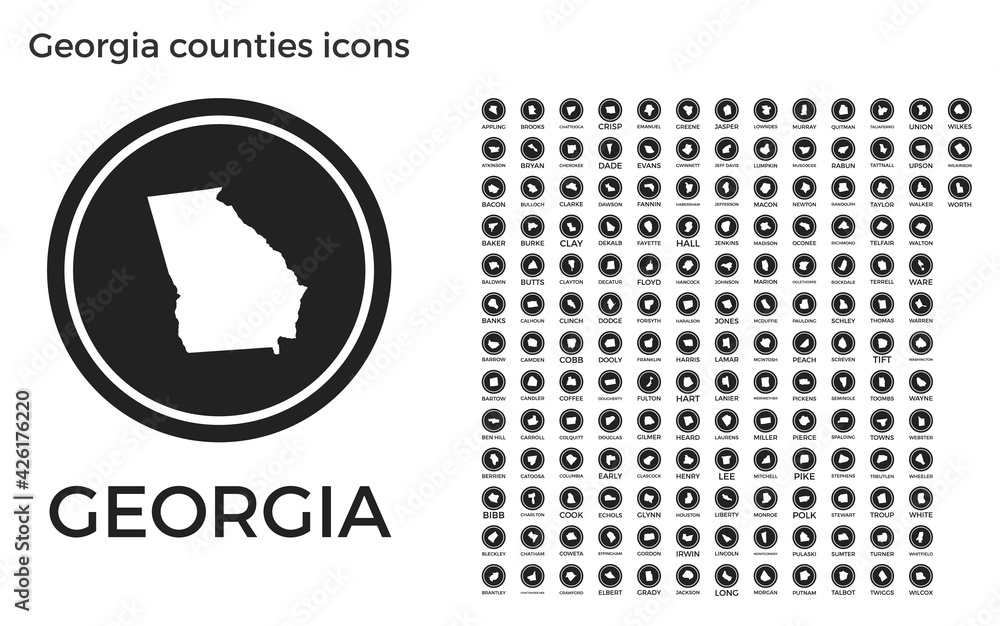 Georgia counties icons. Black round logos with us state counties maps ...