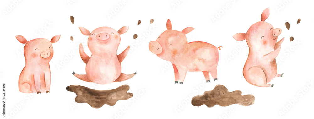 Watercolor animals Farm illustration pigs playing in mud Stock ...