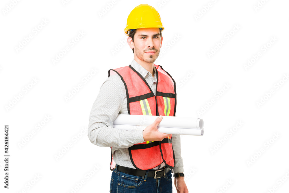Attractive civil engineer standing in front of a white background Stock ...
