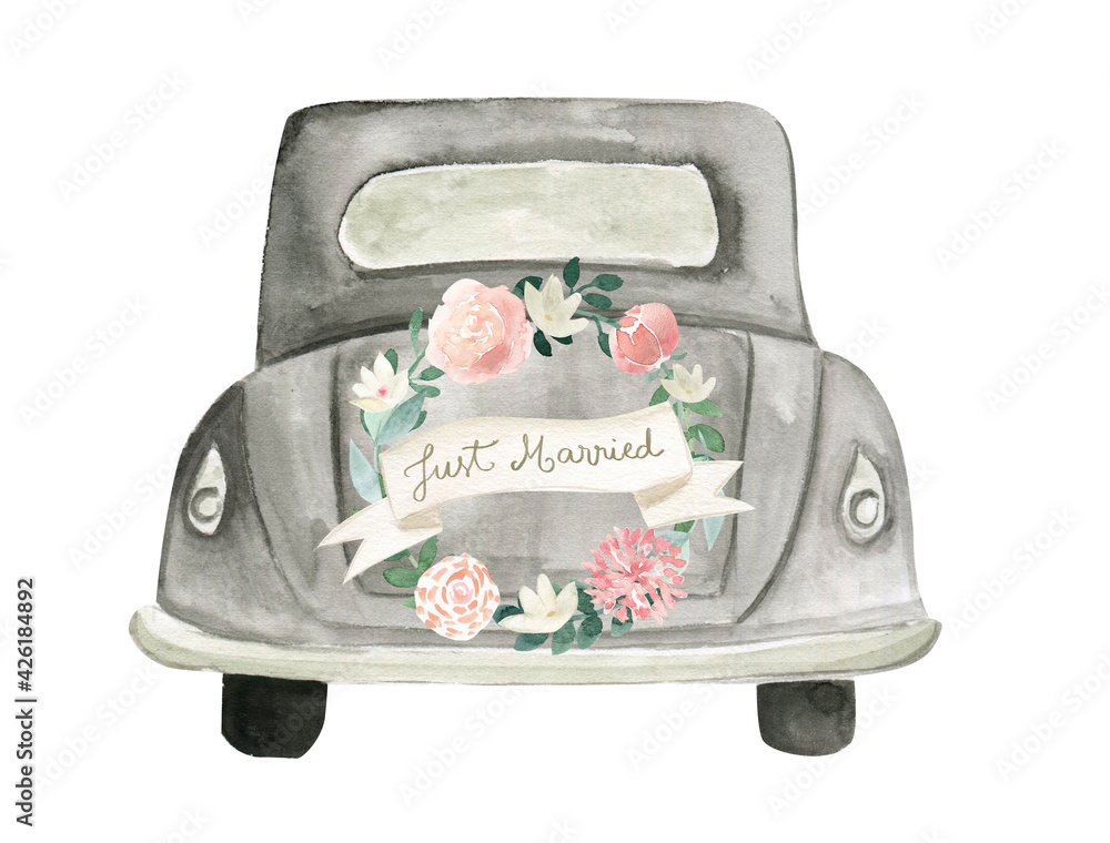 Watercolor wedding just married car boho floral illustration Stock ...
