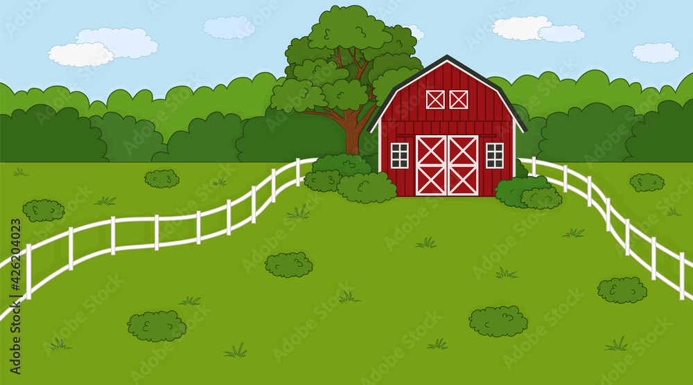 Summer or spring farm concept in countryside. Cartoon doodle vector ...