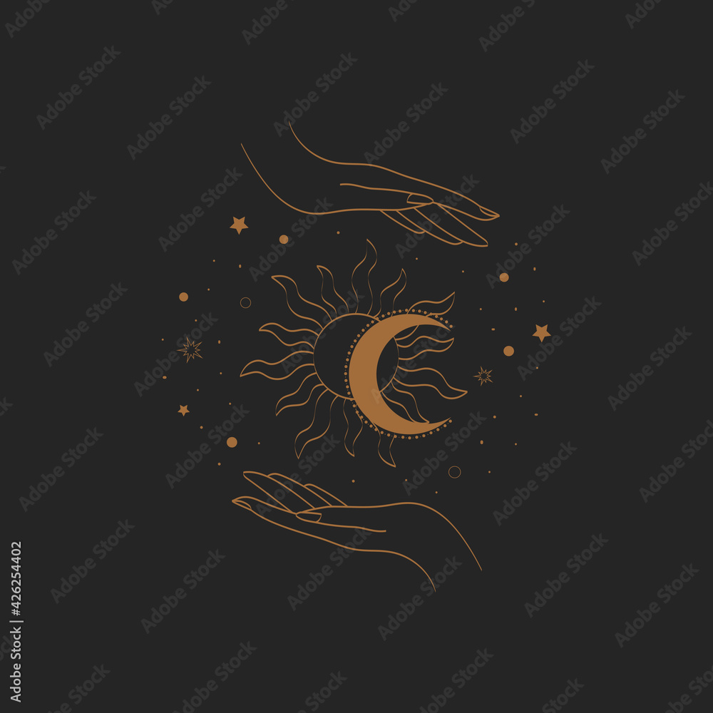 Magical line hands. Boho mystical mudra hands, celestial symbols of sun ...