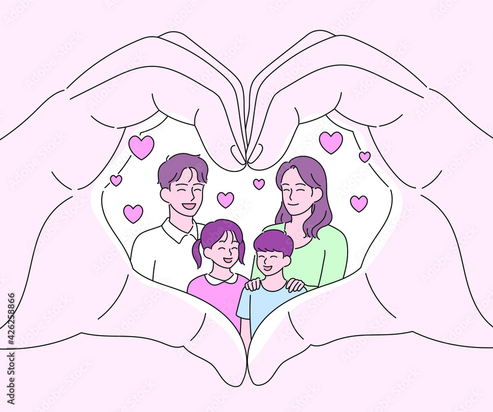 Both hands are making a heart shape, and the happy image of the family ...