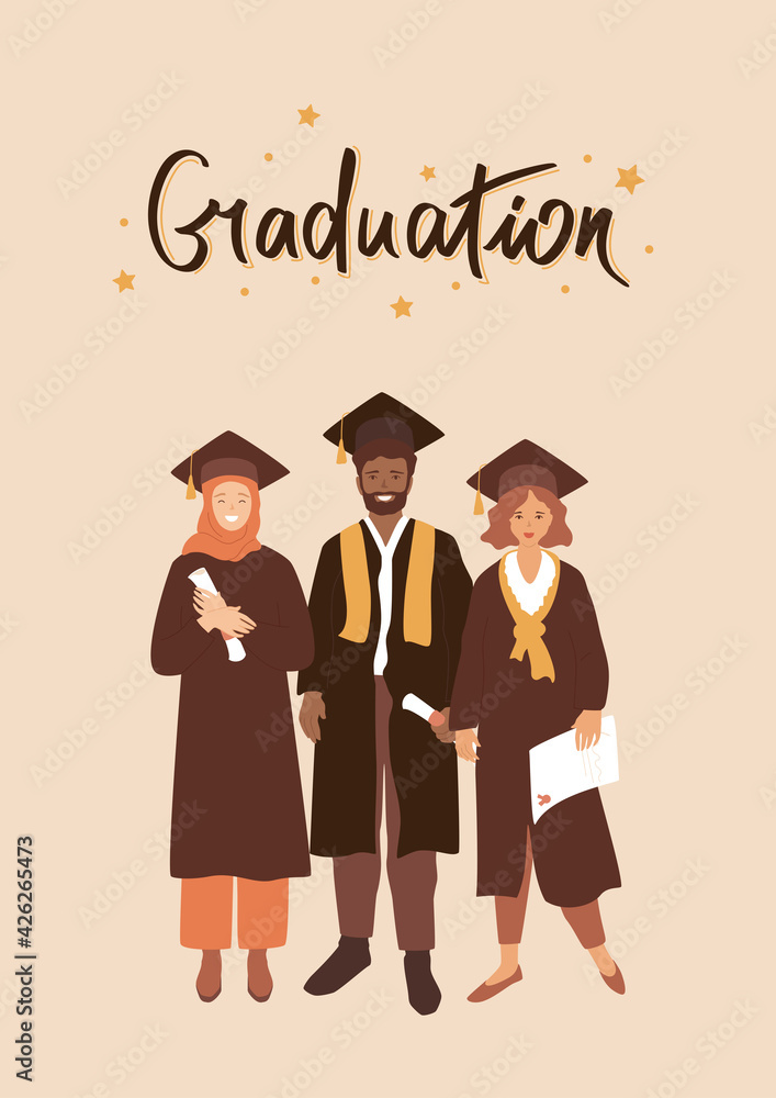 Group of multi ethnic graduate students. Happy diverse people holding ...