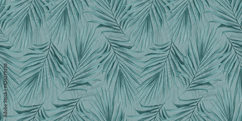Tropical seamless pattern with pastel blue mint palm leaves on mint ...