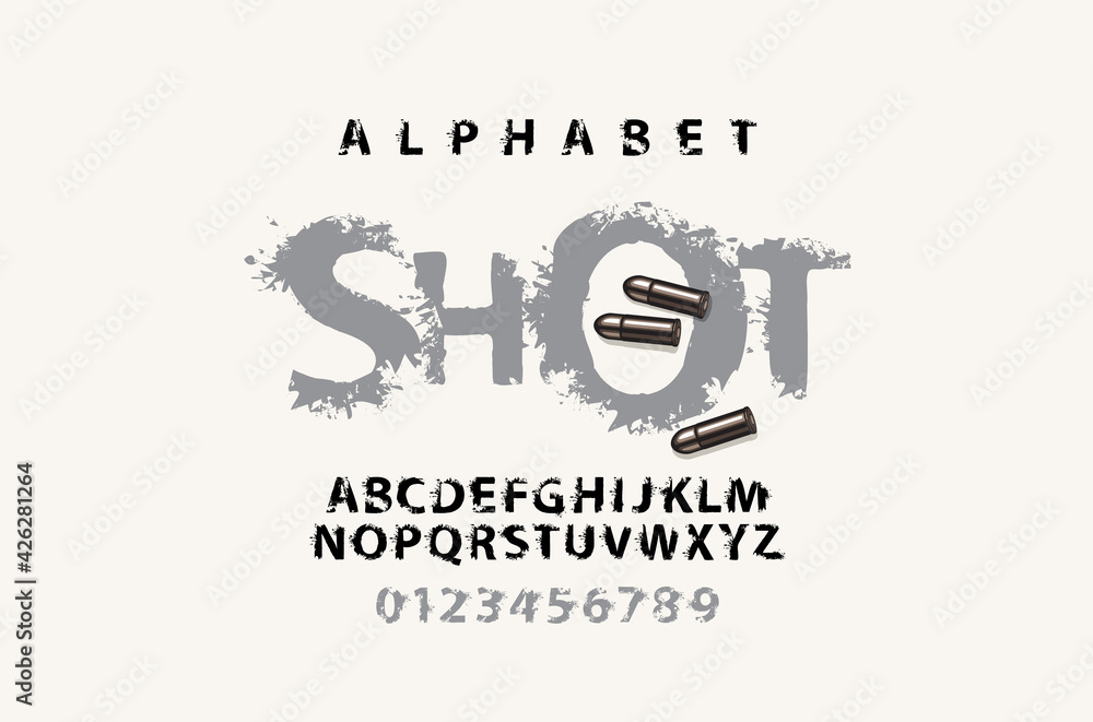 SHOT lettering with spots in grunge style. Splash Alphabet, vector set ...