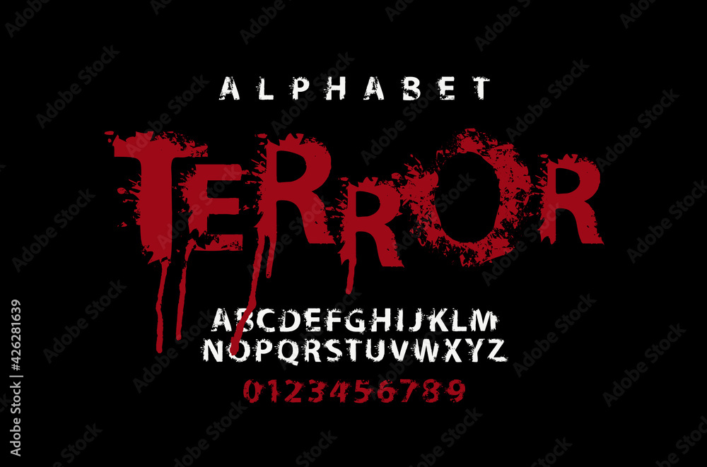 TERROR lettering in scary dripping bloody letters. Vector set of white alphabet letters and ...