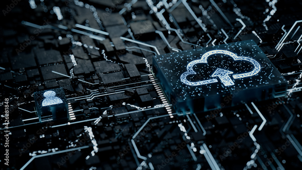 Data Storage Technology Concept With Cloud Upload Symbol On A Microchip