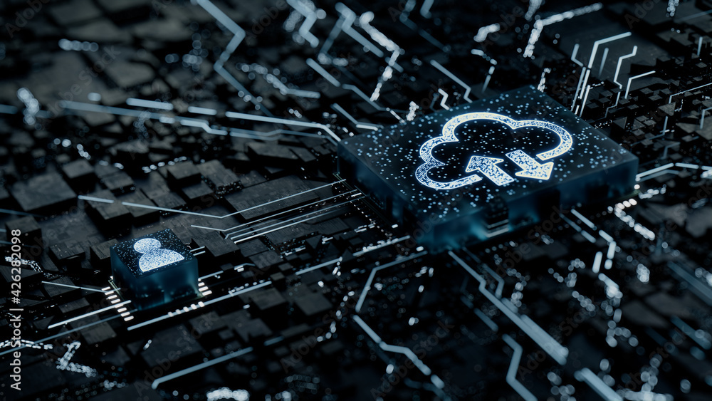 Data Storage Technology Concept With Cloud Symbol On A Microchip White
