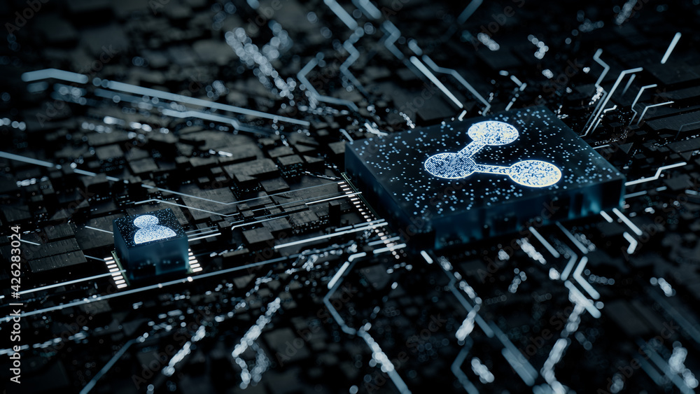 Network Technology Concept with share symbol on a Microchip. White Neon ...