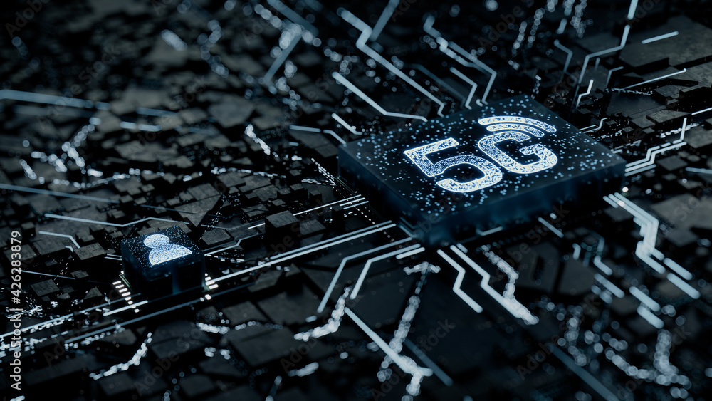 Wireless Technology Concept with 5G symbol on a Microchip. White Neon ...