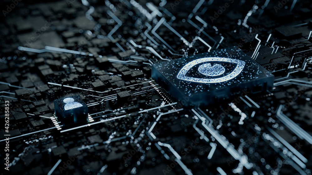 Vision Technology Concept with eye symbol on a Microchip. White Neon ...