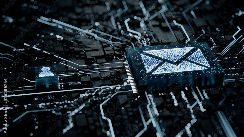Email Technology Concept with Envelope symbol on a Microchip. White ...